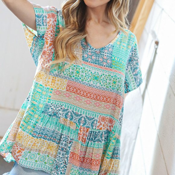Haptics | Tops | Haptics Boho Patchwork Print Rayon Challis Vneck ...